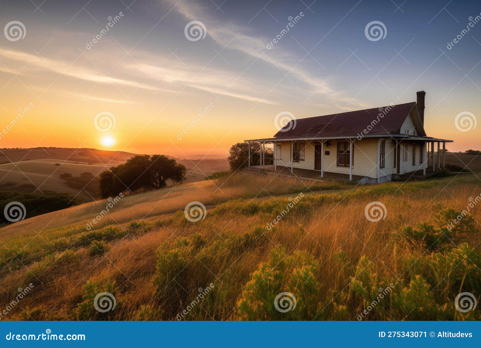 Ranch House with View of the Sunset, Surrounded by Rolling Hills Stock ...