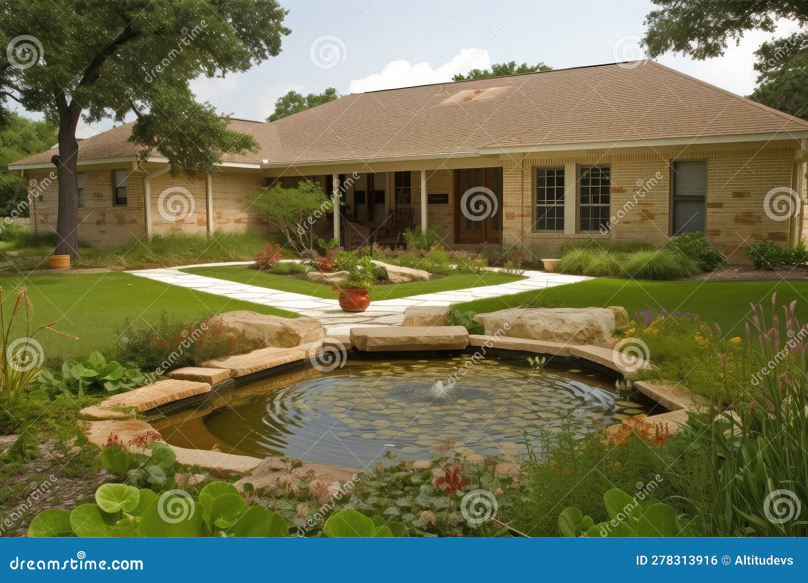 Ranch House with Water Feature and Garden in Front Yard Stock ...
