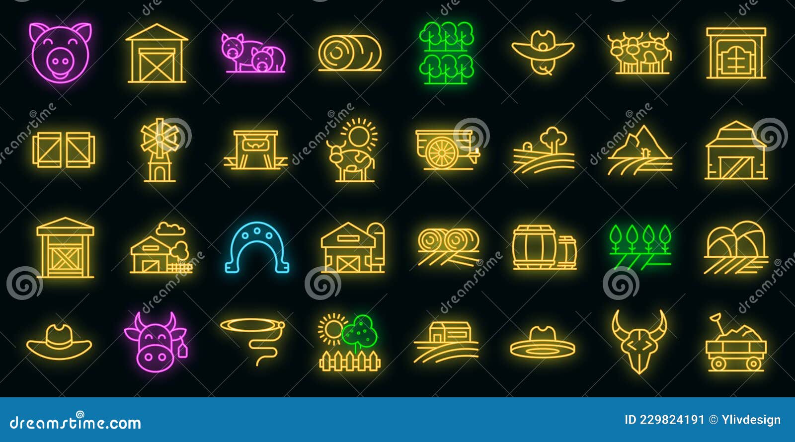 Ranch Icons Set Vector Neon Stock Vector - Illustration of rural, retro ...
