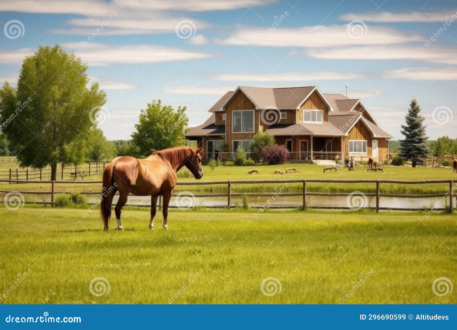 A Ranch-style Home With A Horse Stable In The Background Stock Image ...