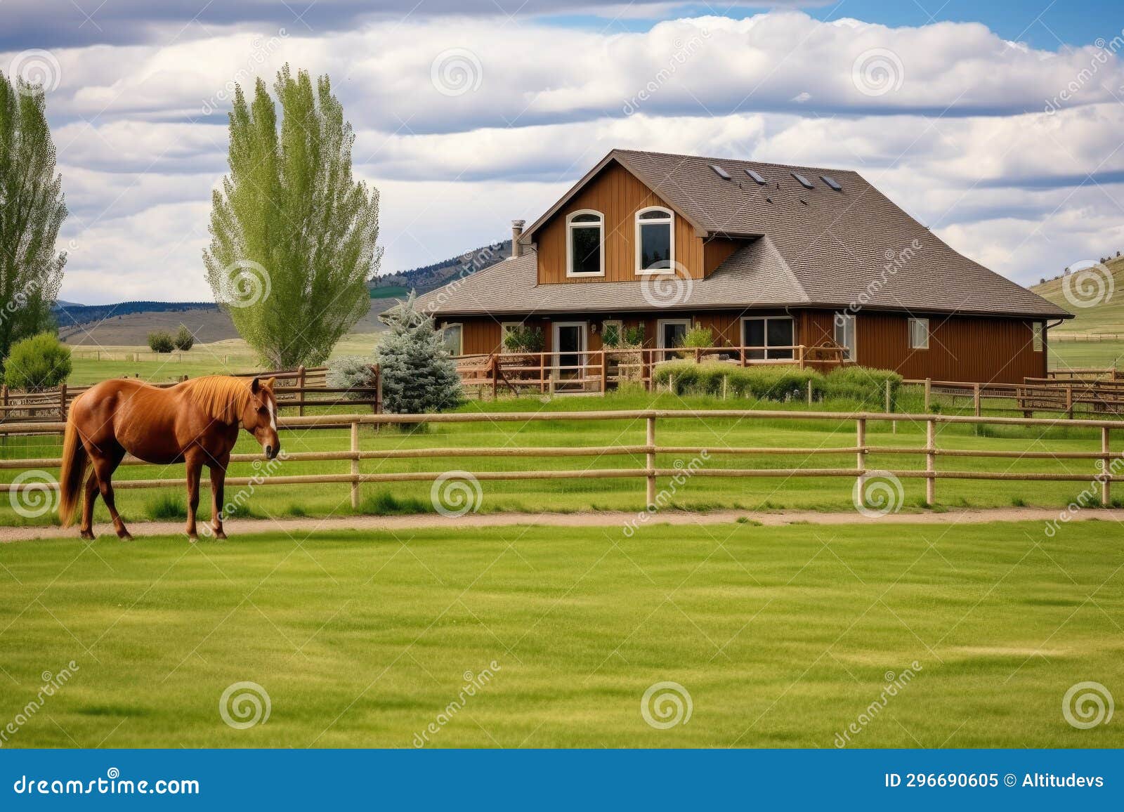 A Ranch-style Home with a Horse Stable in the Background Stock Image ...