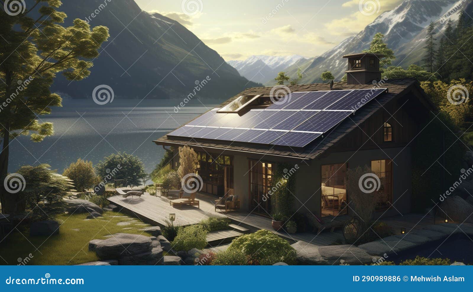 A Ranch - Style House with Solar Panels on the Roof Stock Illustration ...