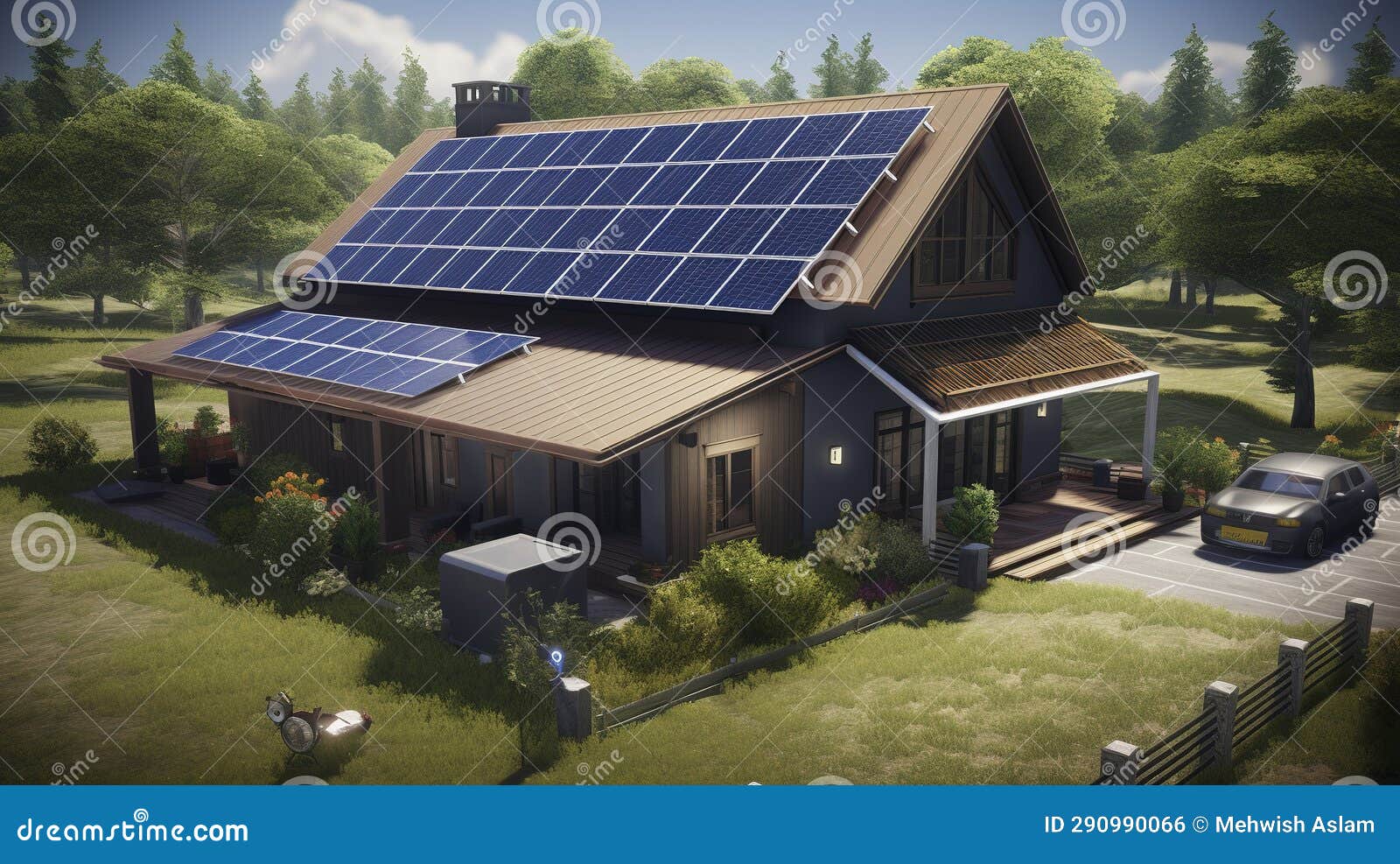 A Ranch - Style House with Solar Panels on the Roof Stock Illustration ...