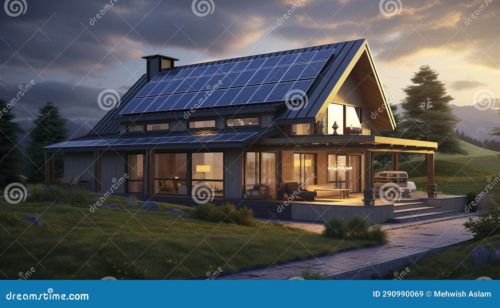A Ranch - Style House with Solar Panels on the Roof Stock Illustration ...