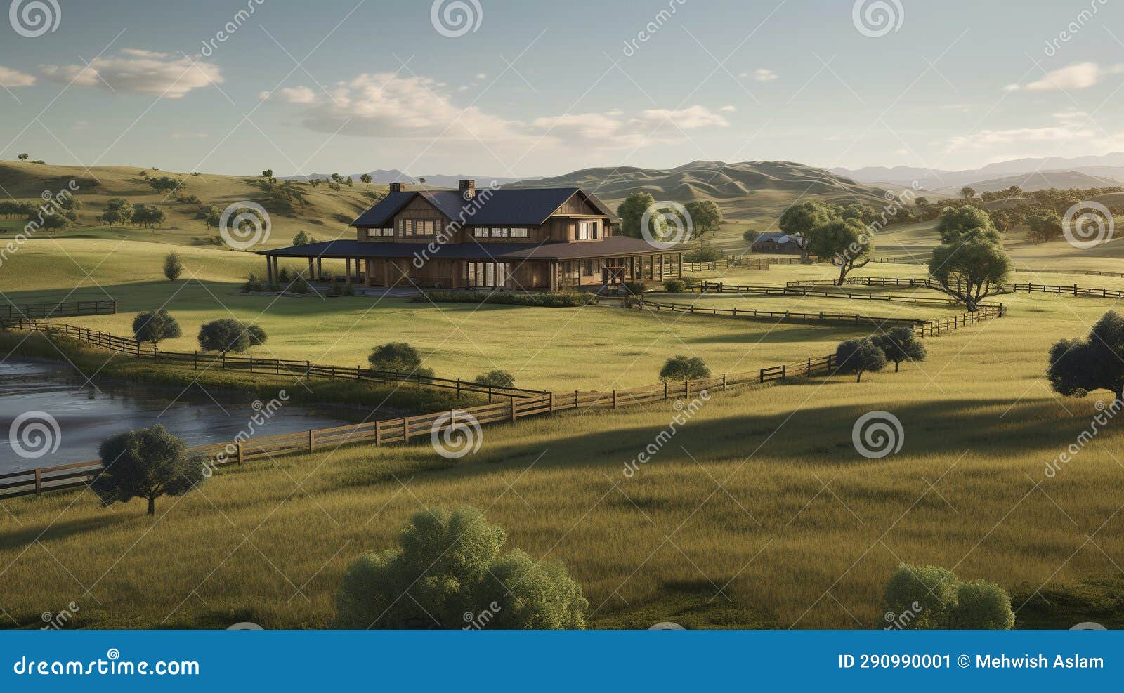 A Ranch - Style House Surrounded by Farmland and Open Fields Stock ...
