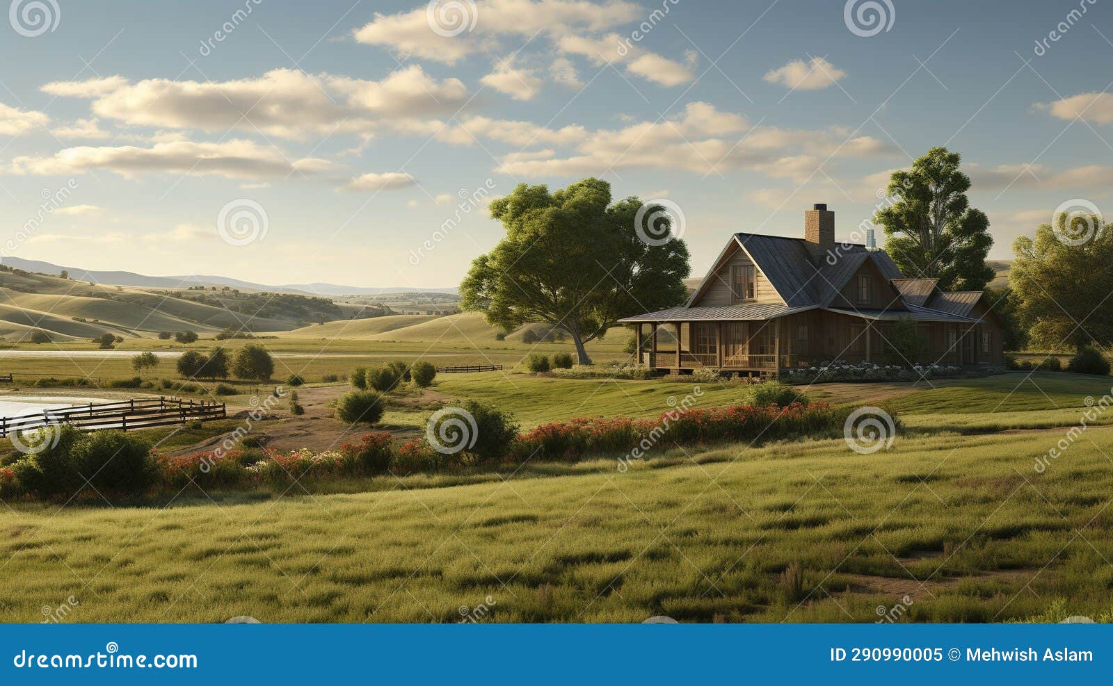 A Ranch - Style House Surrounded by Farmland and Open Fields Stock ...