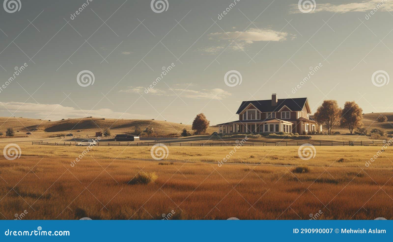 A Ranch - Style House Surrounded by Farmland and Open Fields Stock ...