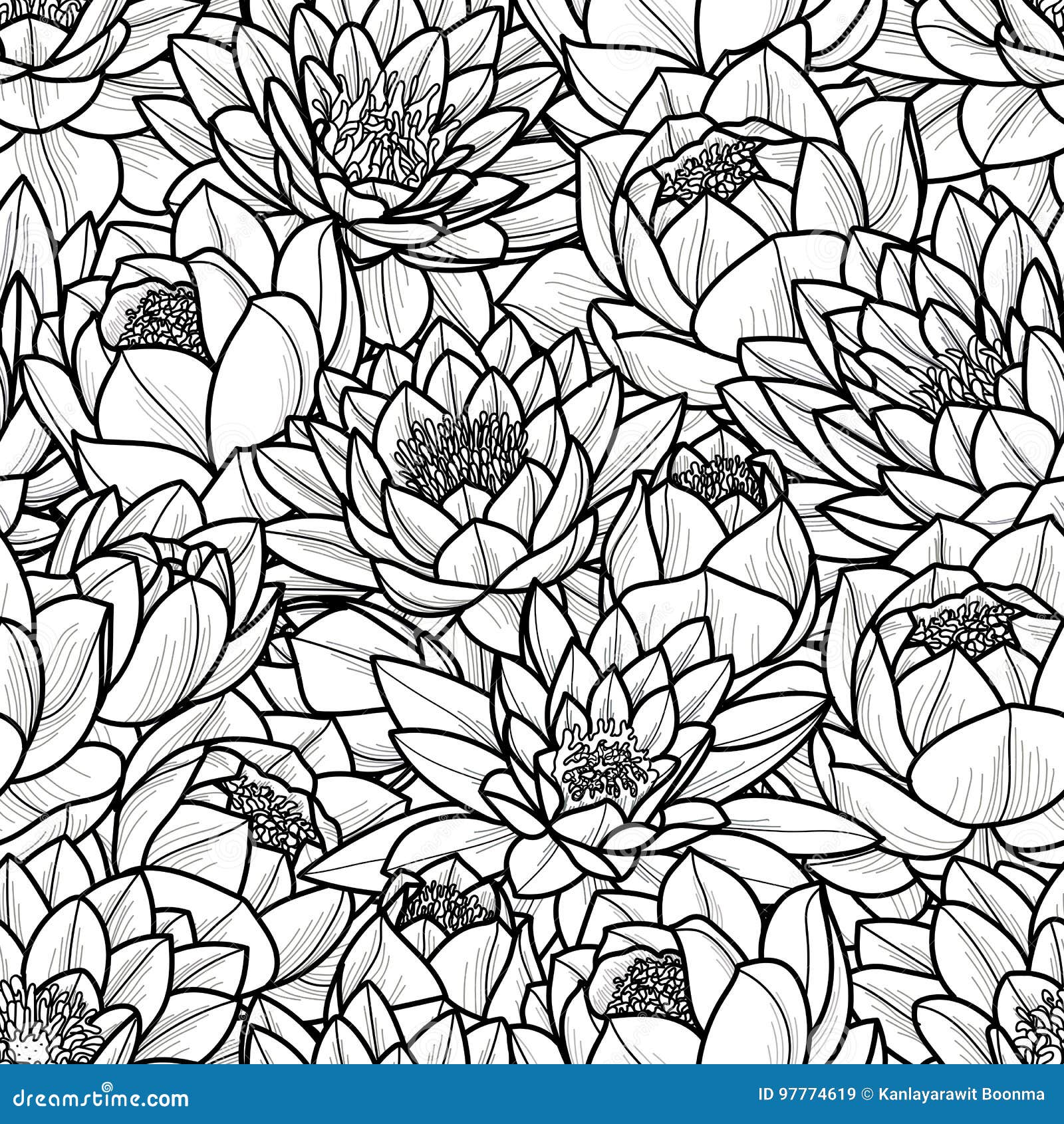 Random Lotus Flower in Black Outline on White Background. Seamless ...