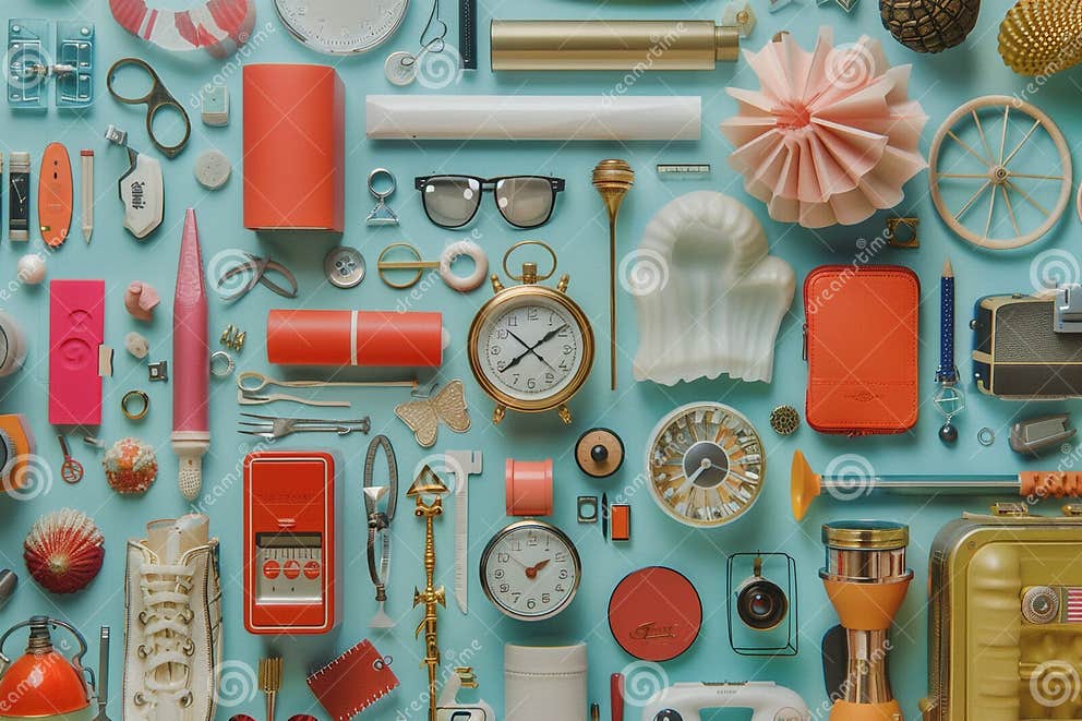 Random Objects in Hyperrealistic Maximalism Flat Lay Composition Vivid ...