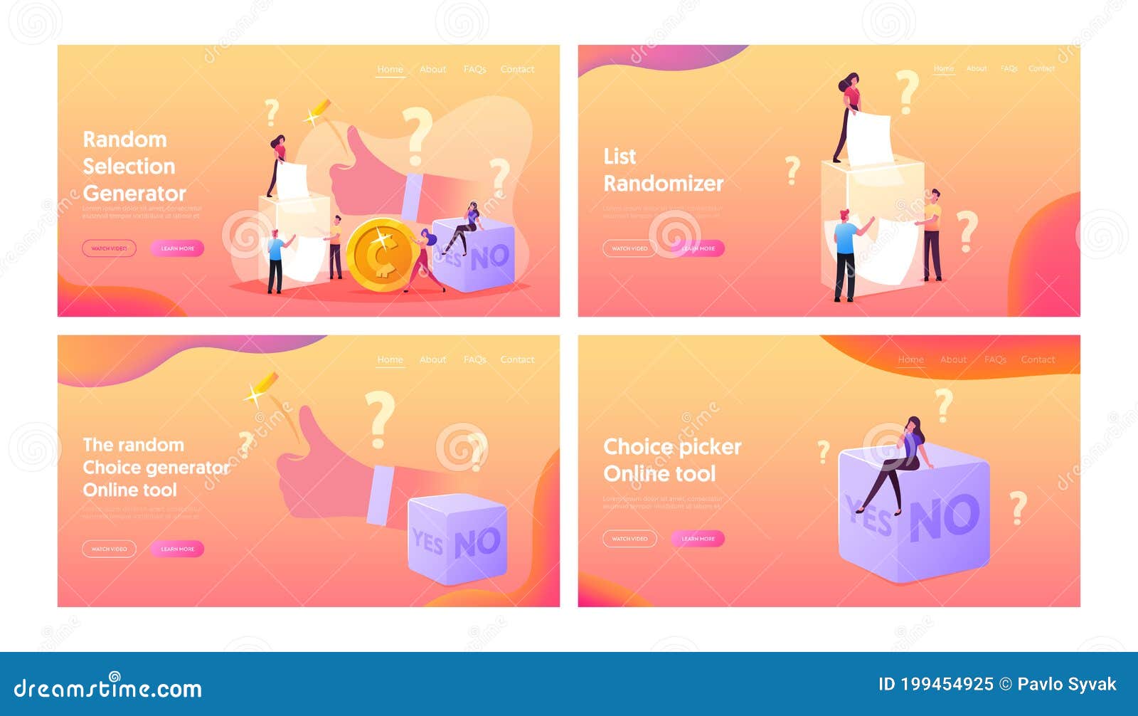 Random Selection Landing Page Template Set. Tiny Characters Throw Coin ...