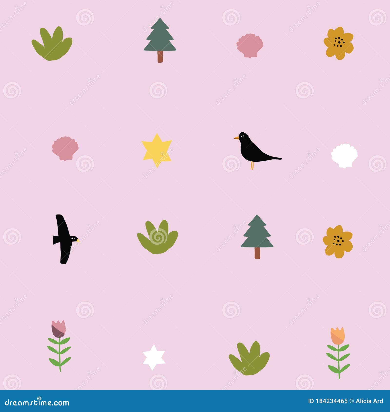 Random Tiny Objects with Pink Background. Elements are Birds, Trees ...