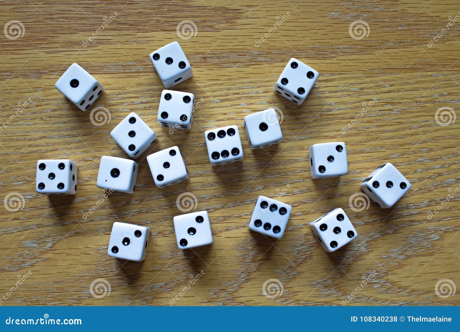 Random White Dice Scattered on an Oak Table Stock Photo - Image of ...