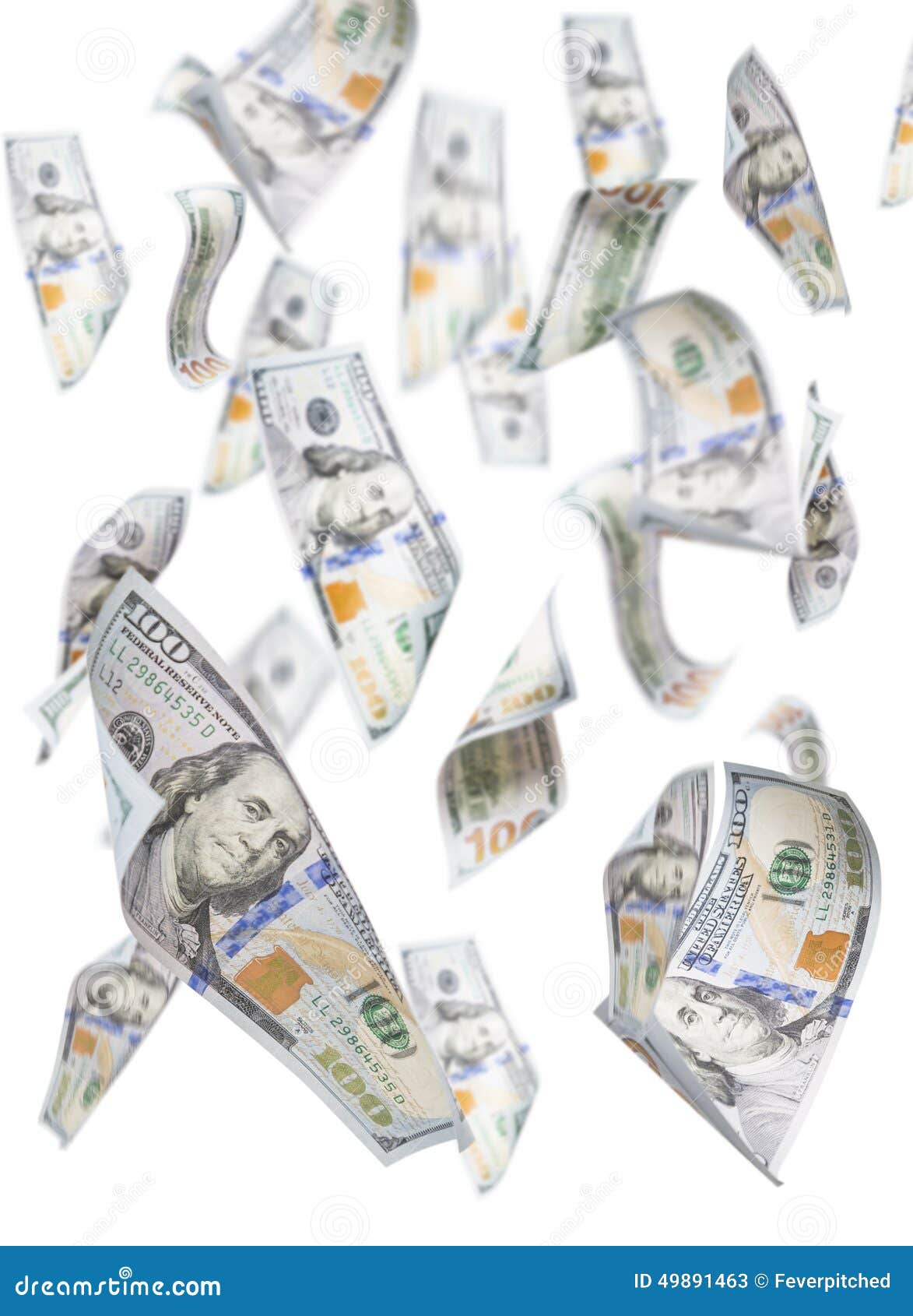 Randomly Falling One Hundred Dollar Bills on White Stock Image - Image ...