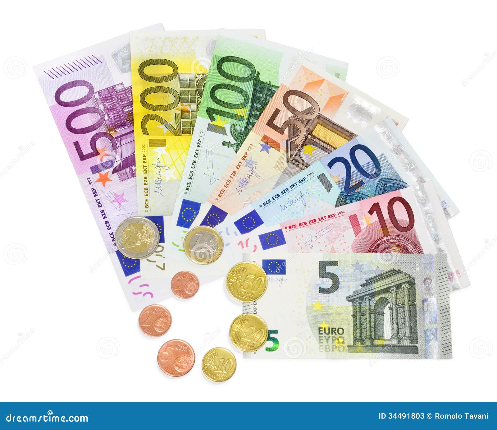 Range Banknotes and Coins Euro - Isolated Stock Image - Image of ...