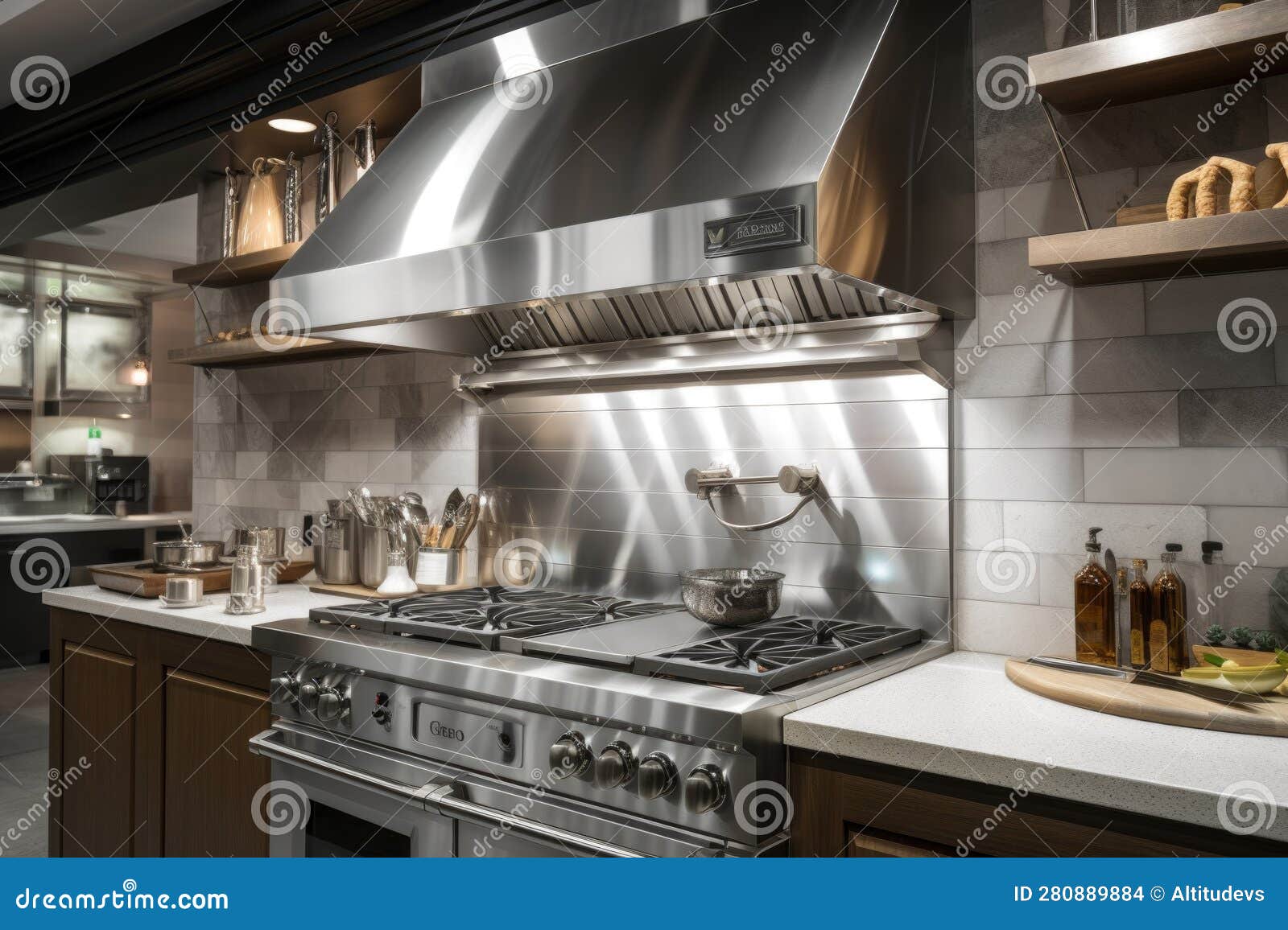 Range with Built-in Vent Hood and Clear View of the Chef at Work Stock ...