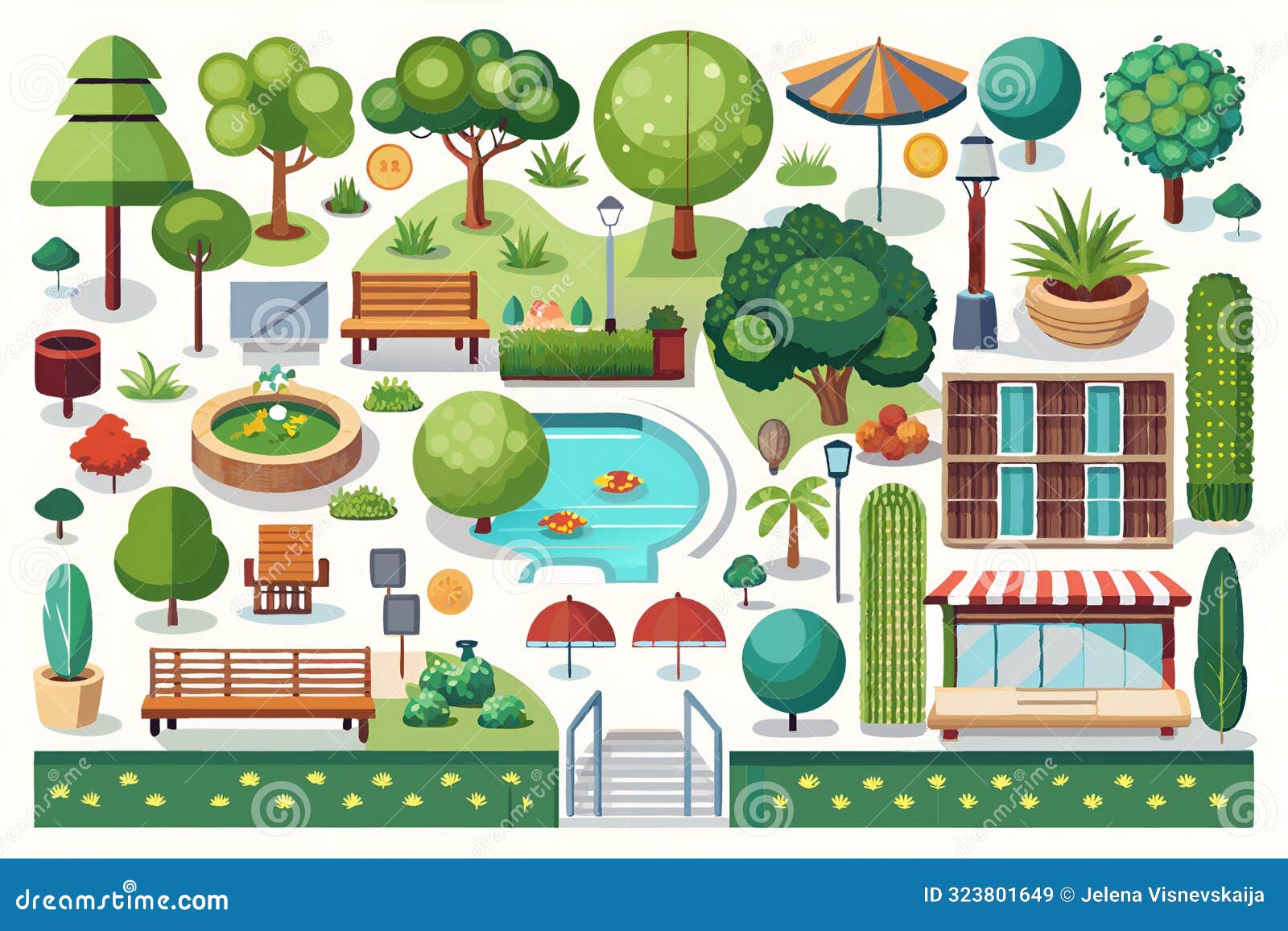 A Range of Park Objects, Like Trees, Benches, Umbrellas, and Buildings ...