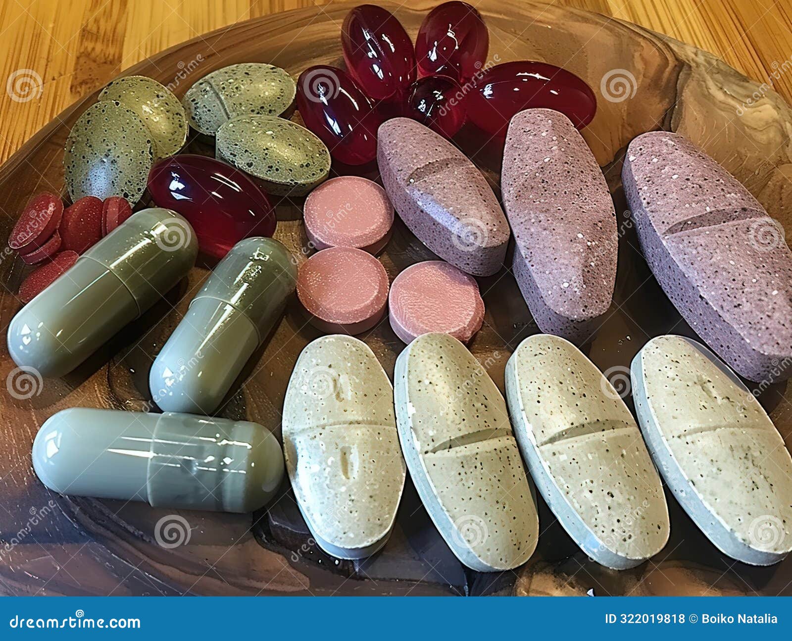 A Wooden Plate with a Selection of Pills and Capsules Displayed Stock ...