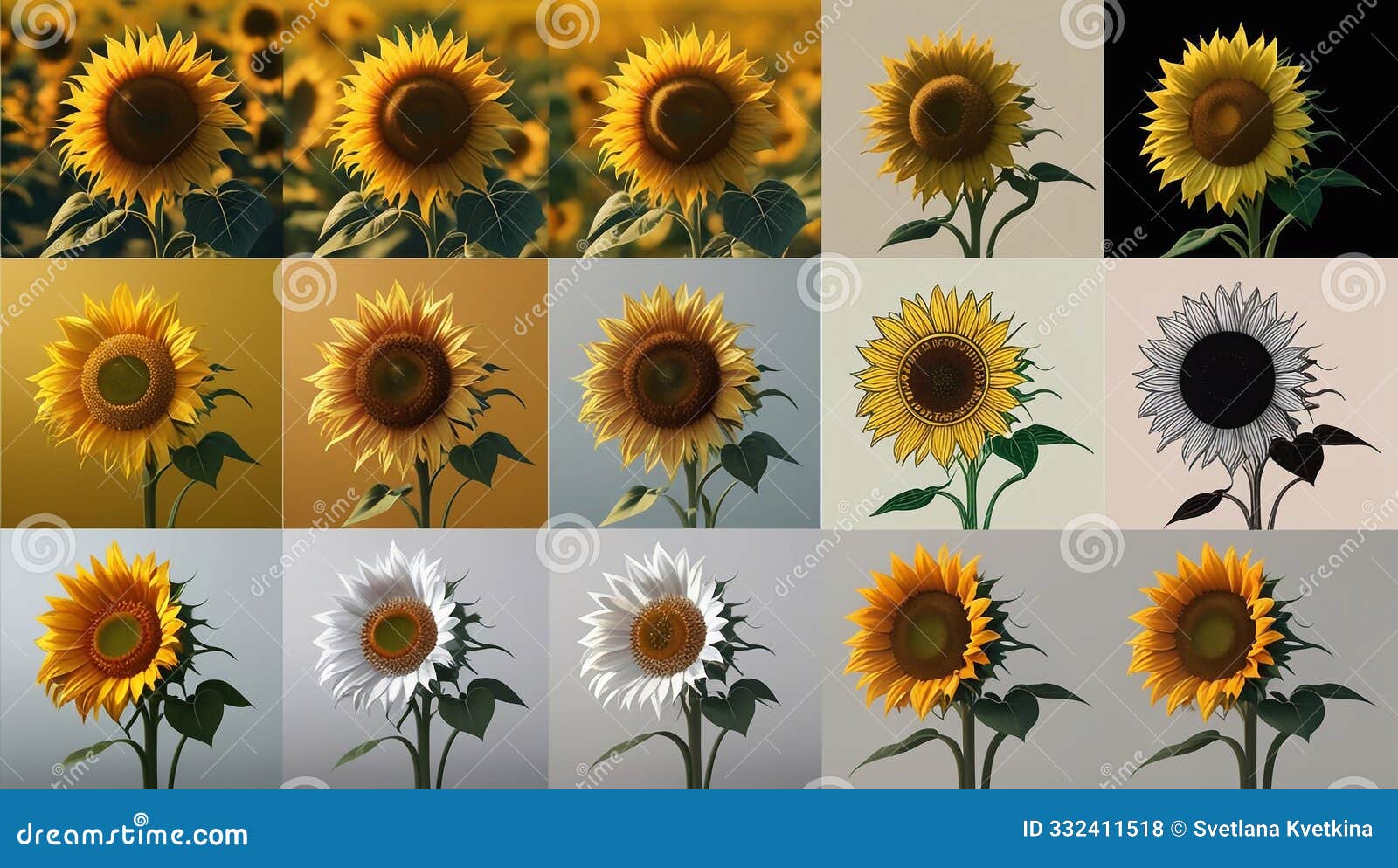 A Range of Stylistic Variations of a Sunflower, from a Realistic and ...
