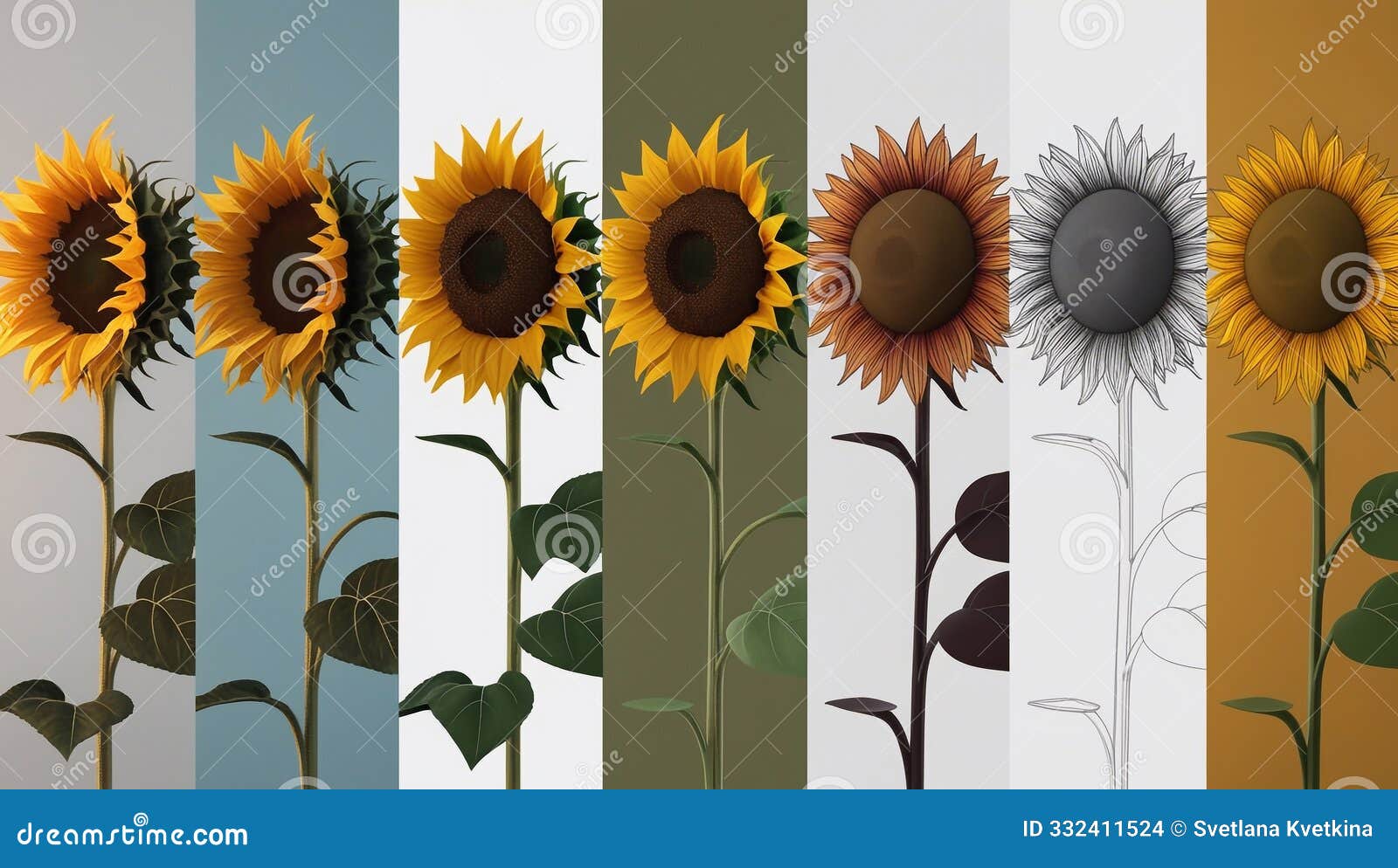 A Range of Stylistic Variations of a Sunflower, from a Realistic and ...