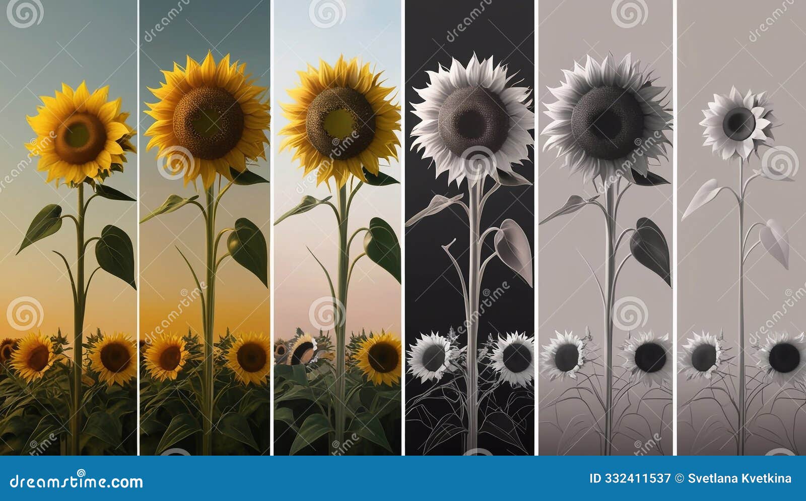 A Range of Stylistic Variations of a Sunflower, from a Realistic and ...