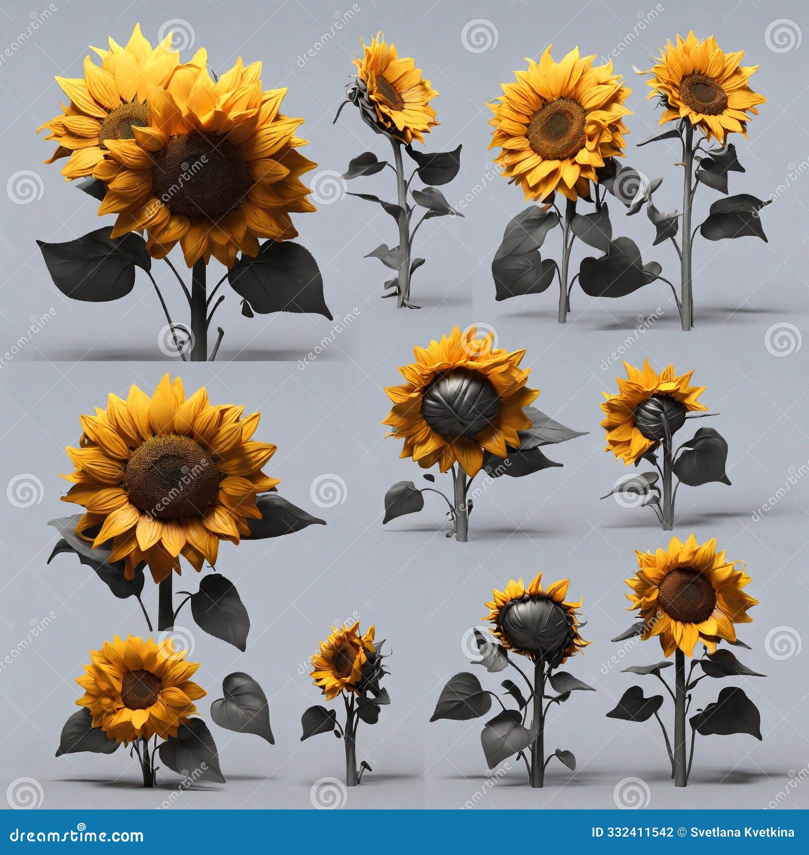A Range of Stylistic Variations of a Sunflower, from a Realistic and ...