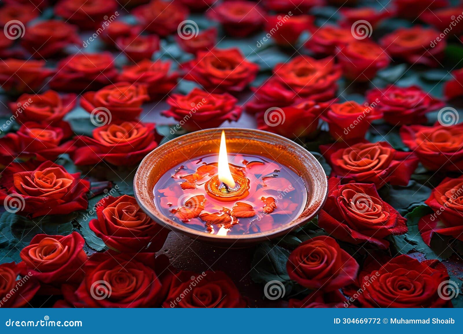 Rangoli Elegance Red Rose Floral Design with a Lit Diya Stock ...