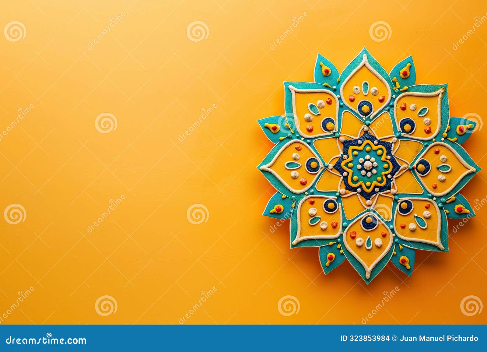 Rangoli Ornament in 3d Blue and Yellow Tones on Solid Orange Background ...