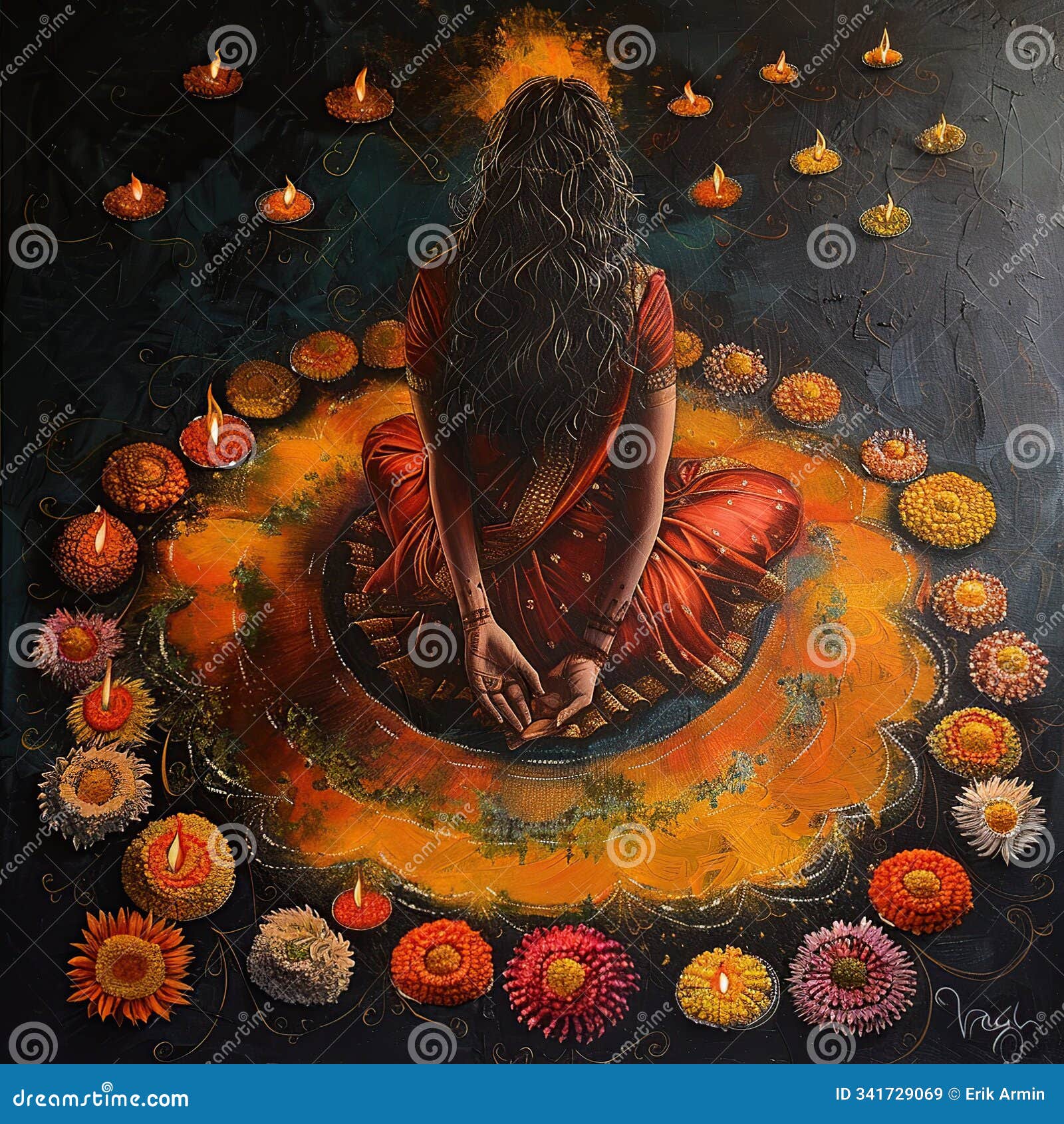 Rangoli Wearing Diva. Diva Alone on a Dark Backdrop Stock Illustration ...