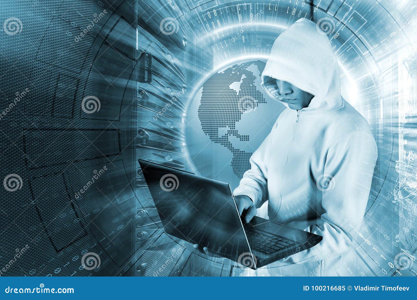 Concept of Hacker Attack with the Hooded Man with Laptop in Data Center ...