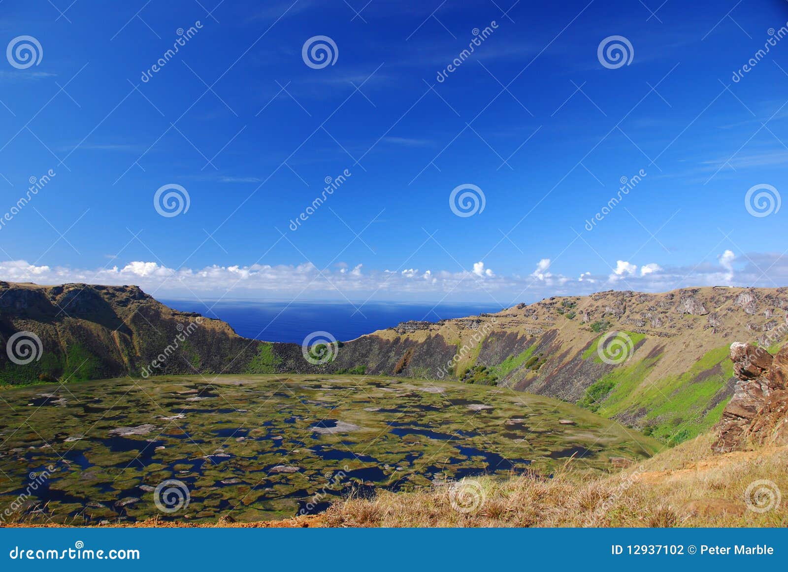 Rano Kau Easter Island, Chile Stock Photo - Image of clouds, landscape ...