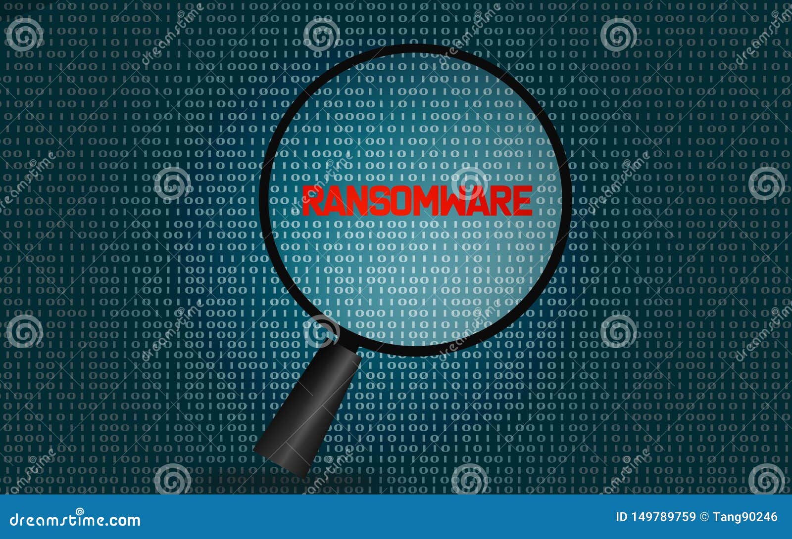 Ransomware on Digital Screen with Magnifying Glass Stock Illustration ...
