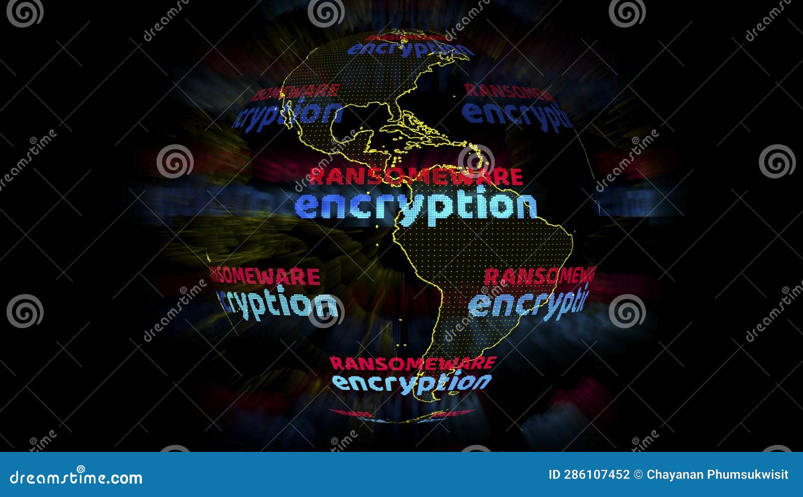 Ransomware Red and Encryption Blue Text Blur Ray on Global Map Stock ...