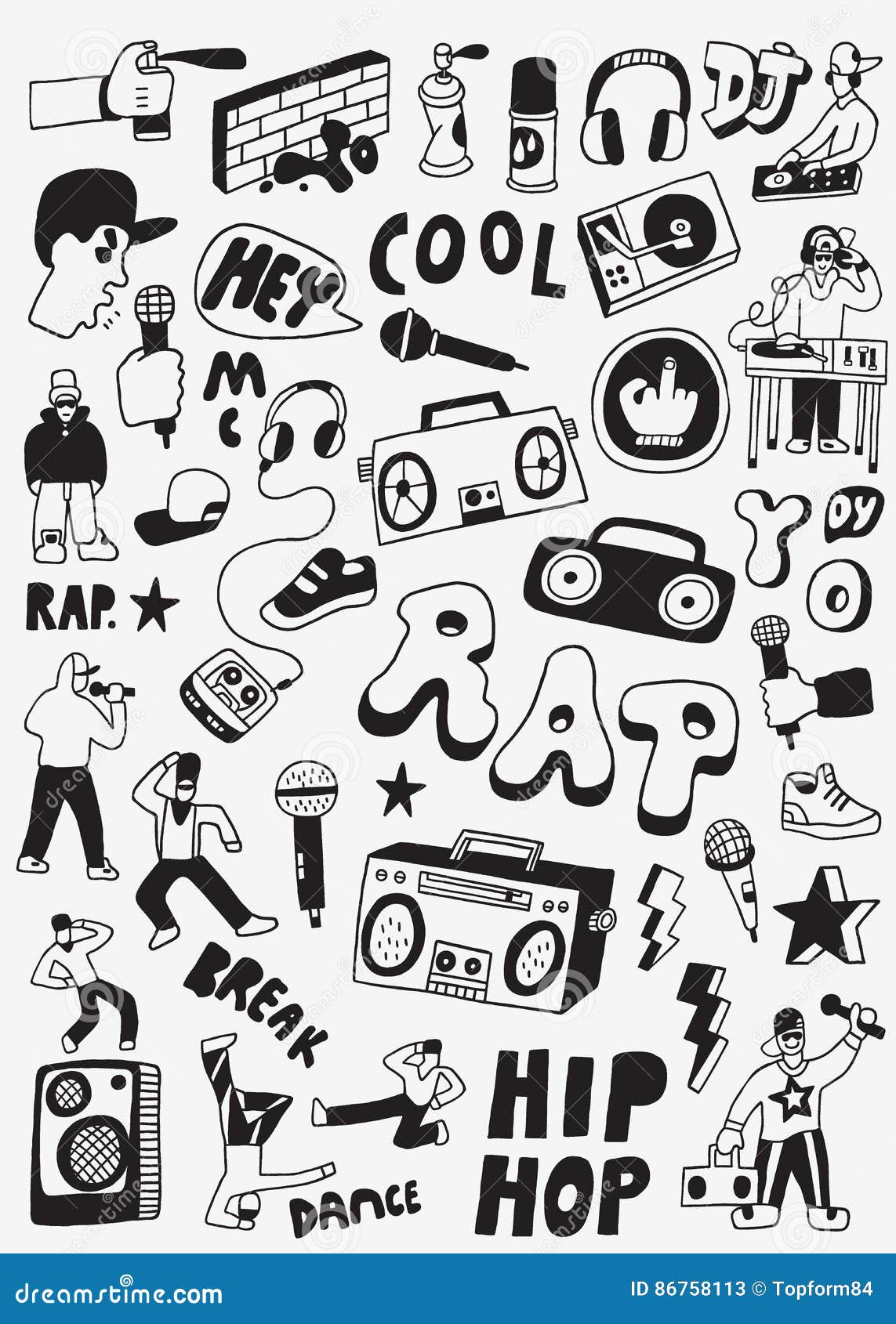 Rap doodles set stock vector. Illustration of elements - 86758113