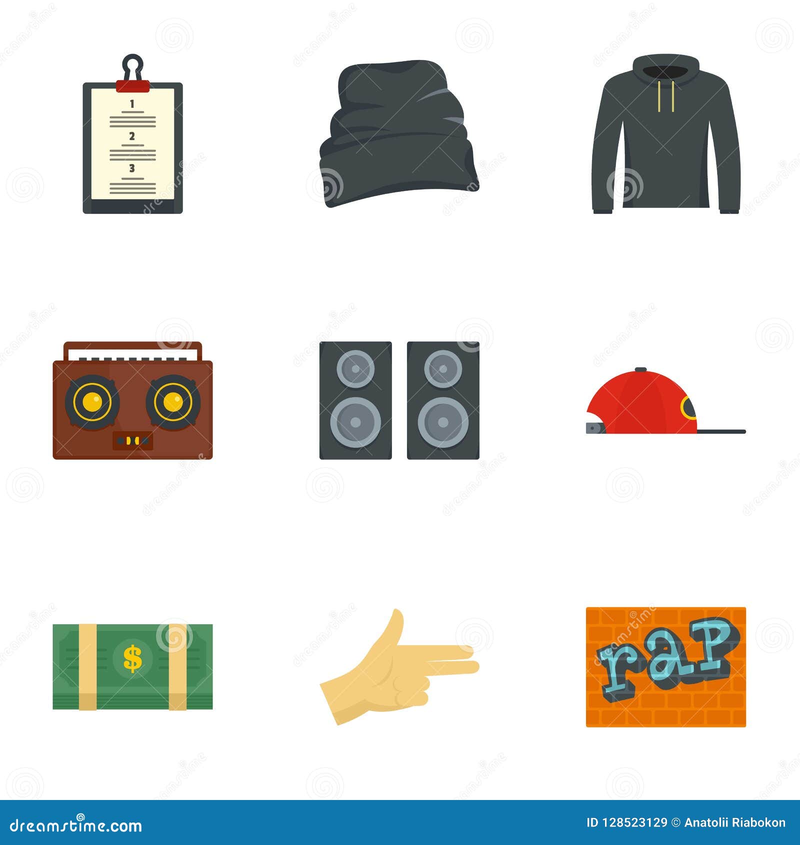 Rap icon set, flat style stock vector. Illustration of music - 128523129