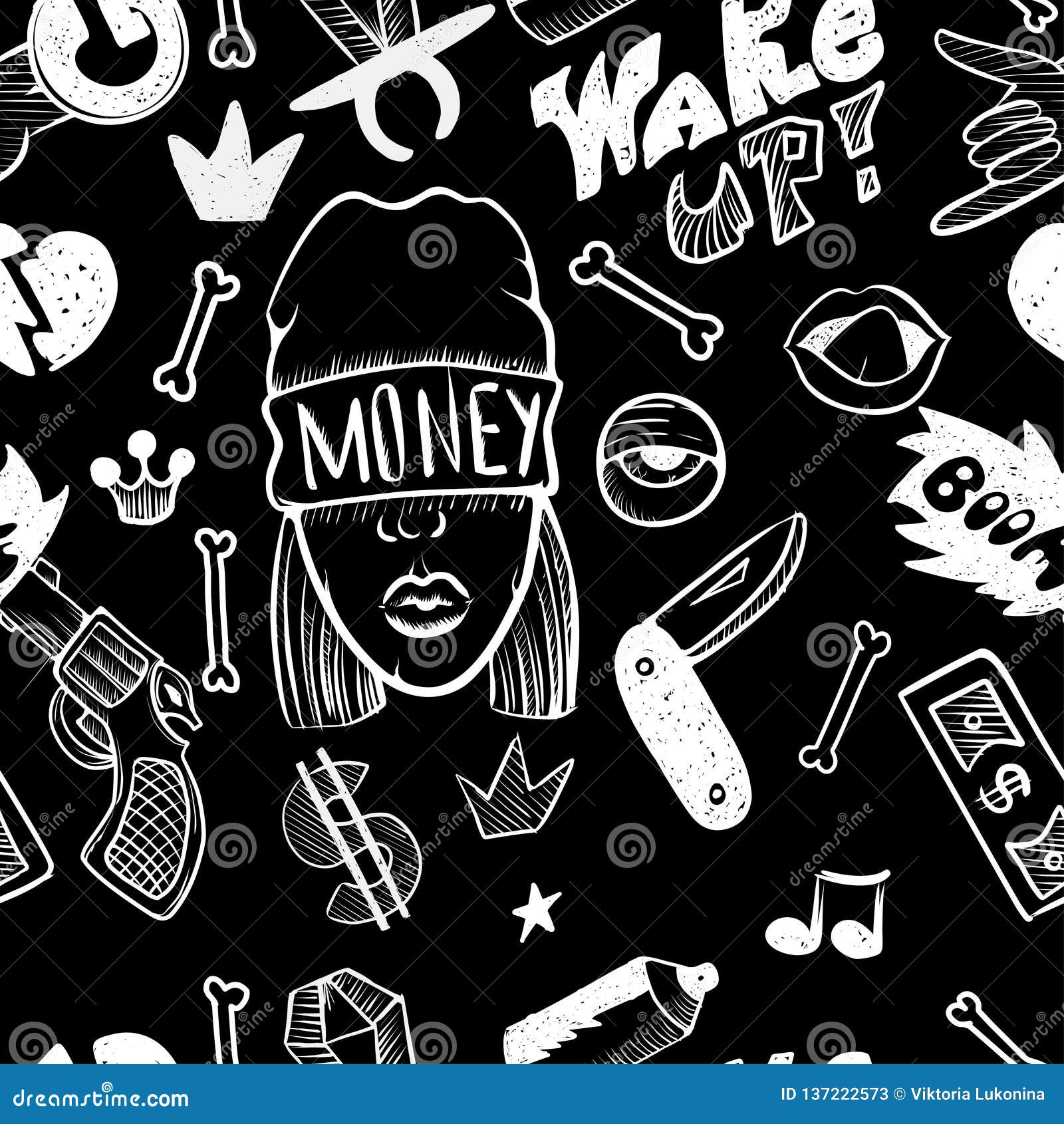 Rap Music. Hip Hop Doodle Pattern with Rap Attributes Stock Vector ...