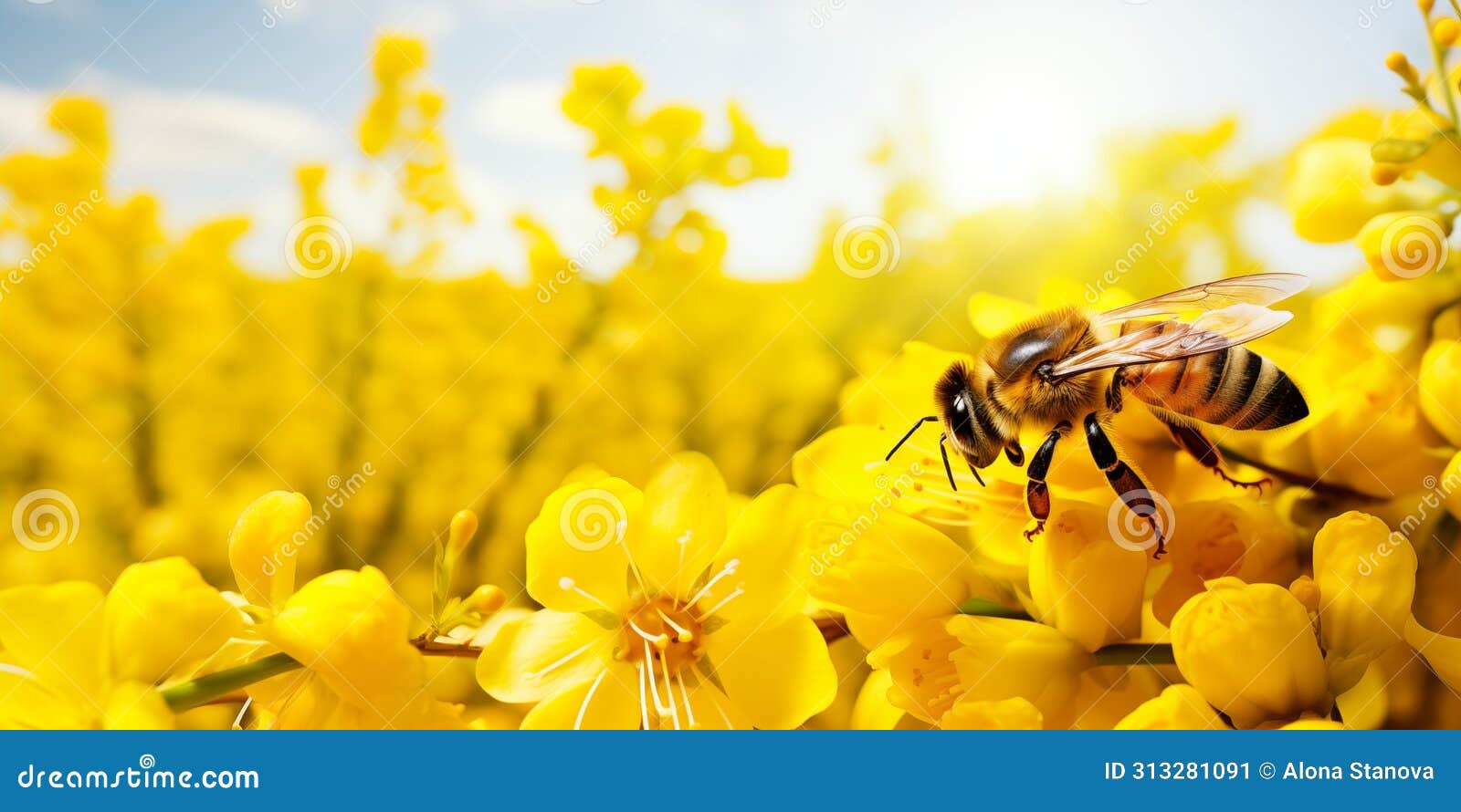 Rapeseed Honey Background with Bee and Yellow Rapeseed Flowers Stock ...