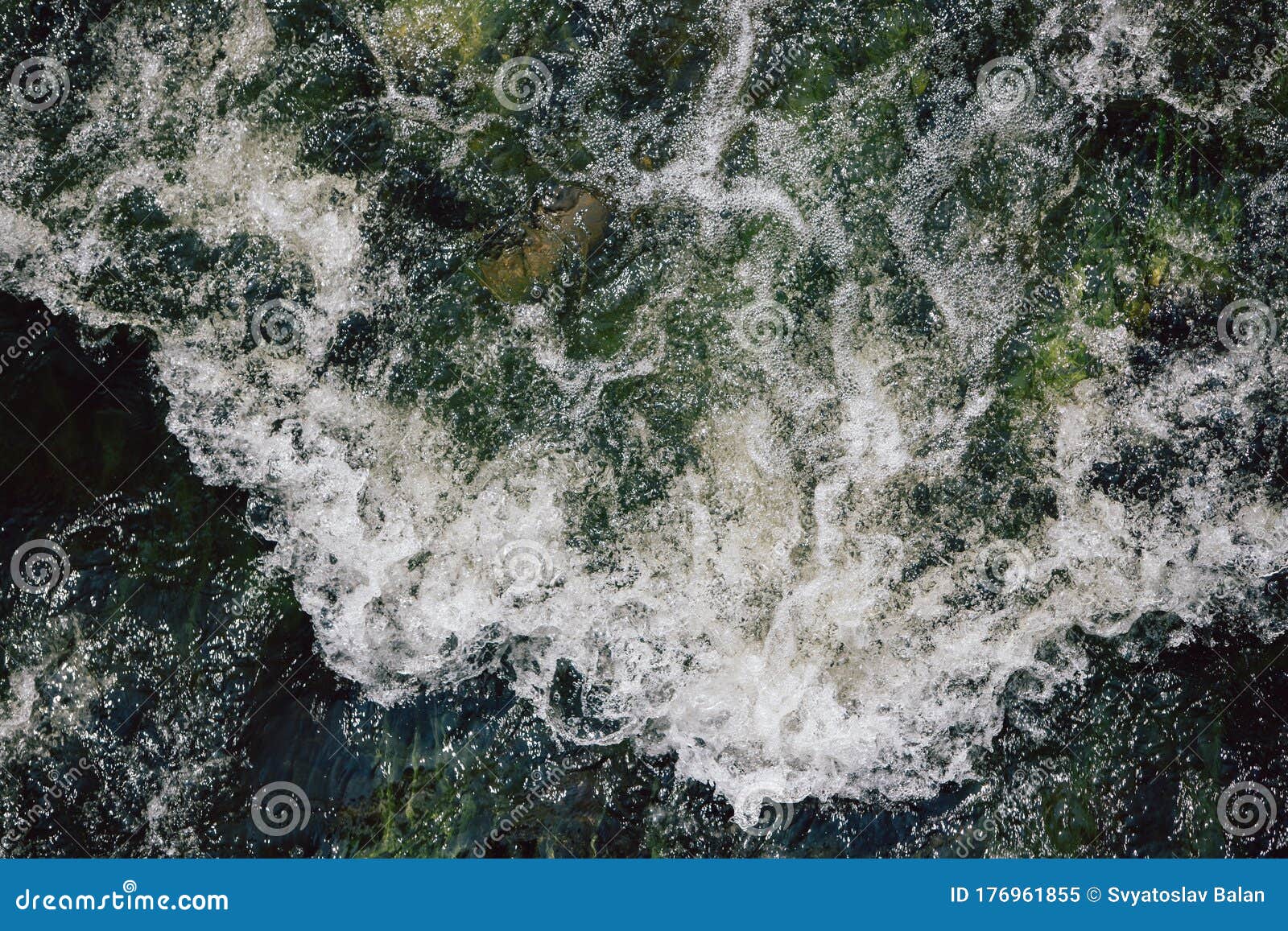 The Rapid Flow of Water with White Waves and Air Bubbles. Top View of a ...