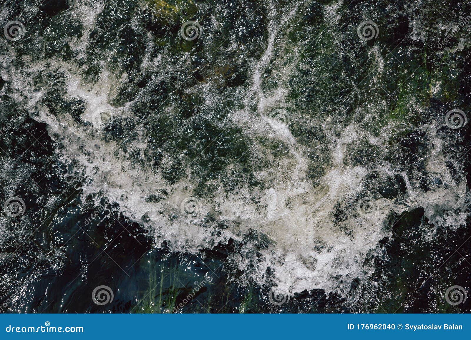 The Rapid Flow of Water with White Waves and Air Bubbles. Top View of a ...