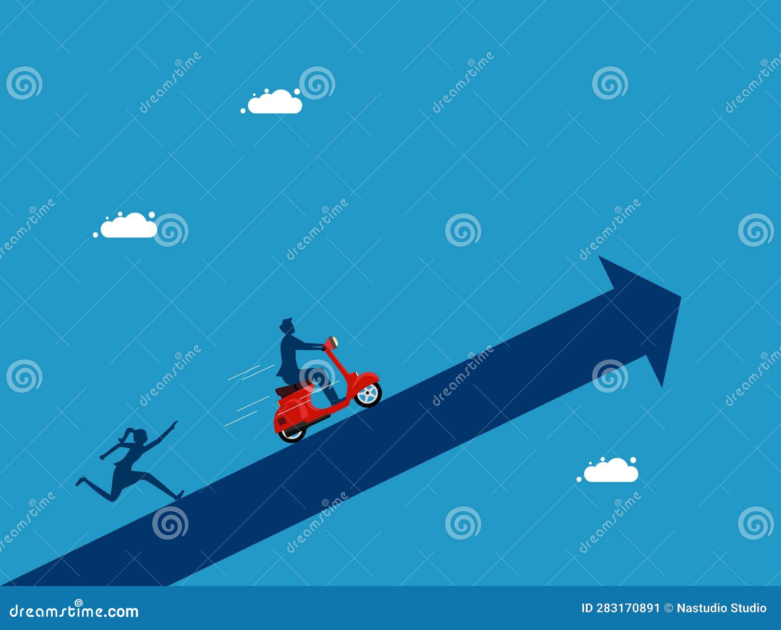 Rapid Growth Over Competitors. Man Riding A Motorcycle On An Arrow ...