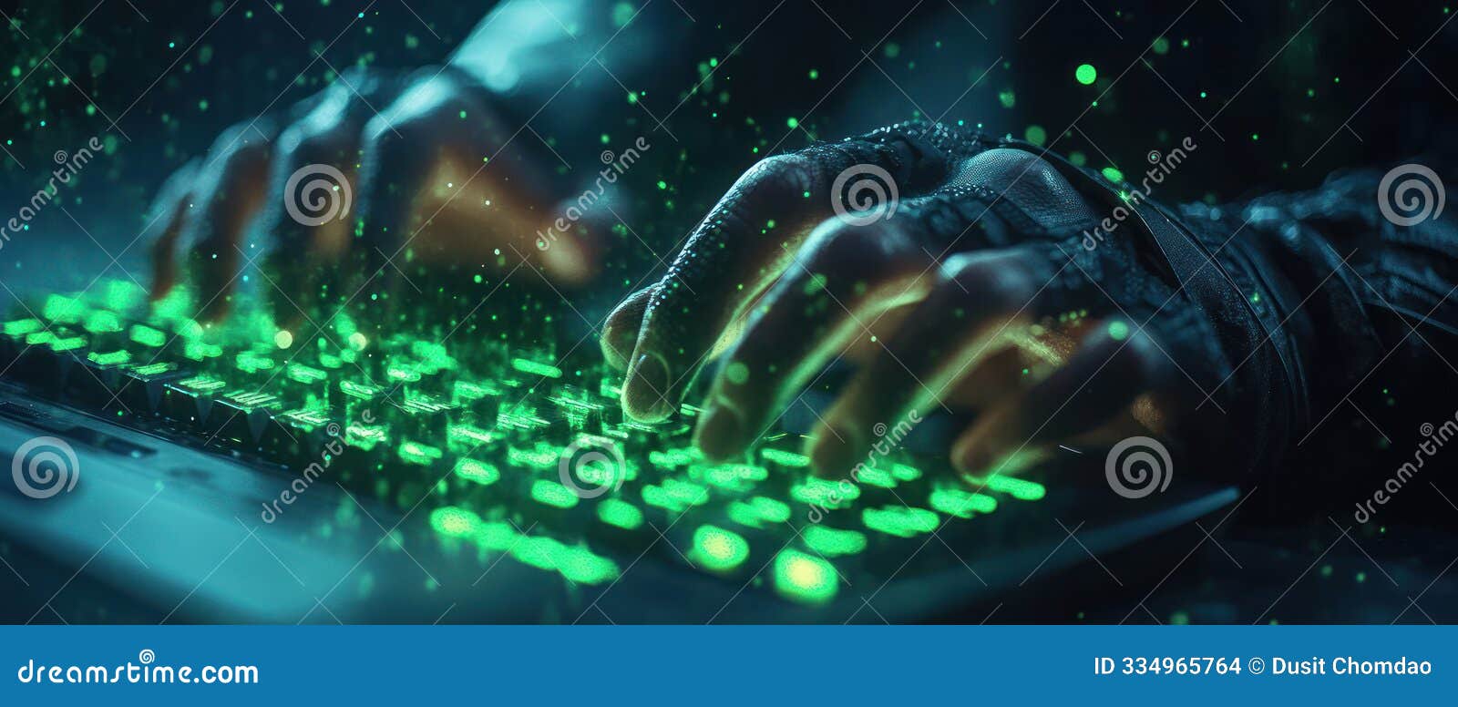 Rapidly Typing Hands in Dark Environment, Illuminated by Green Keyboard ...