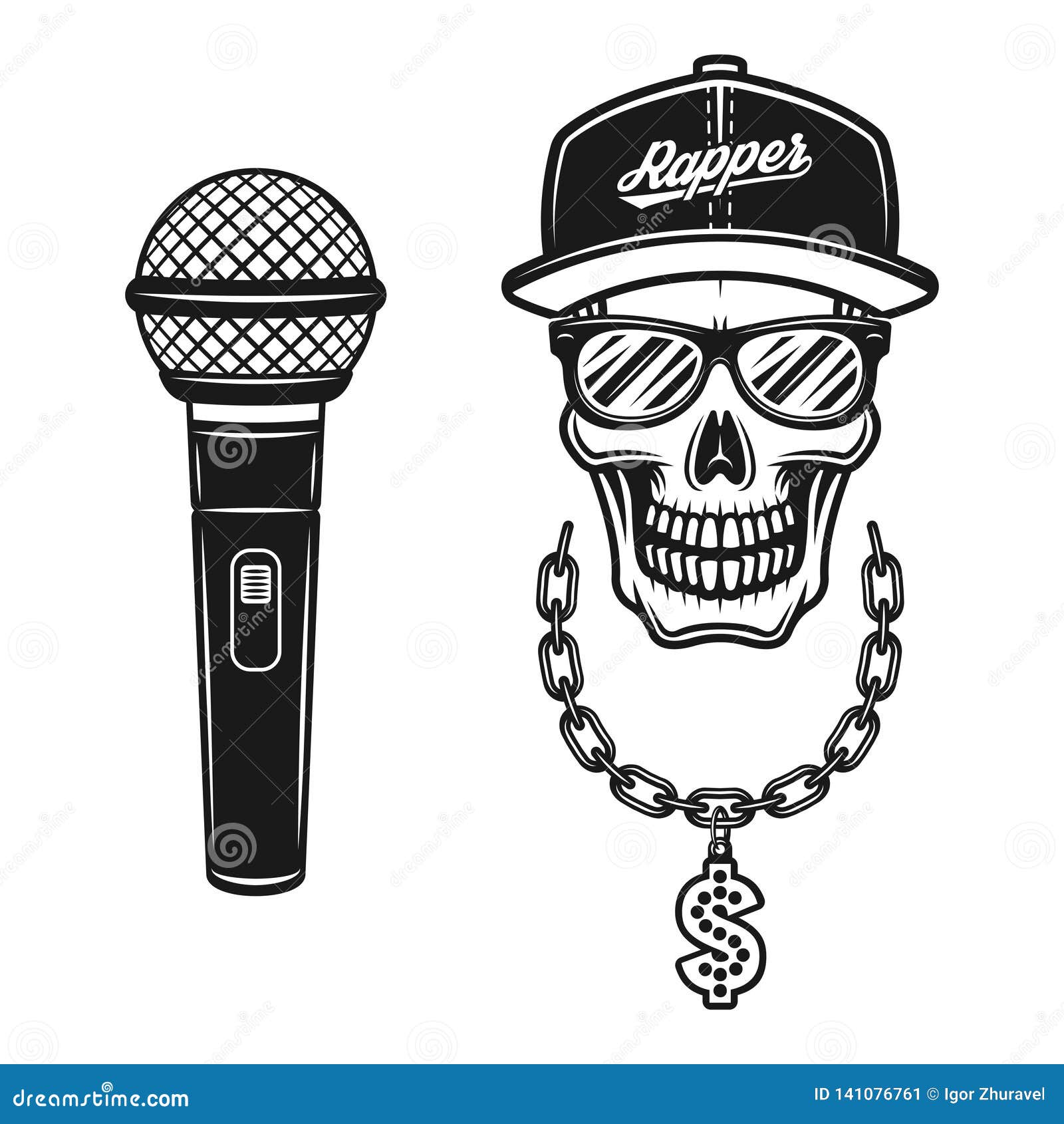 Rapper Skull in Snapback with Chain and Microphone Stock Vector ...