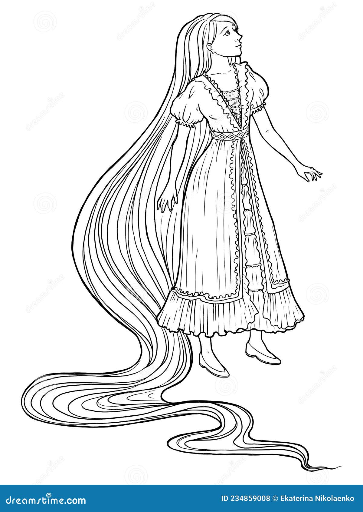 Rapunzel. Girl with Very Long Hair Standing Thoughtfully. Fairytale ...