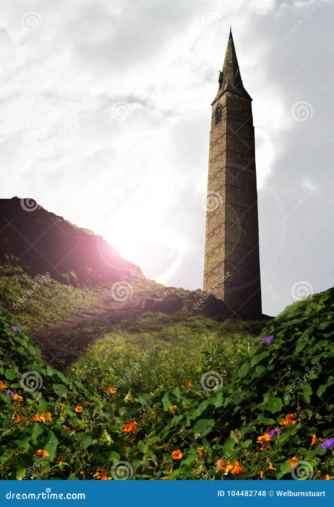 Rapunzel tower on hill stock photo. Image of horror - 104482748