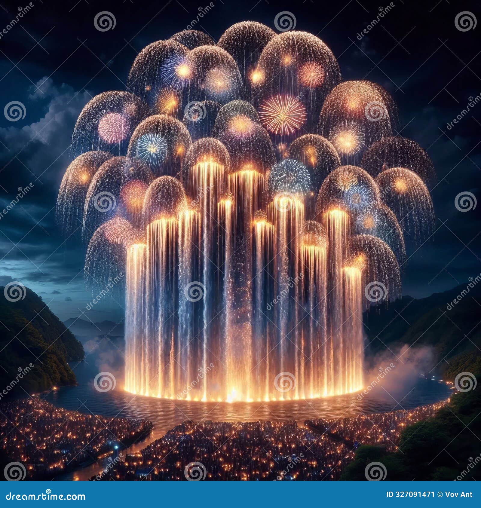 32 36. Waterfall Shells_ Large, Spherical Fireworks Th Stock Image ...