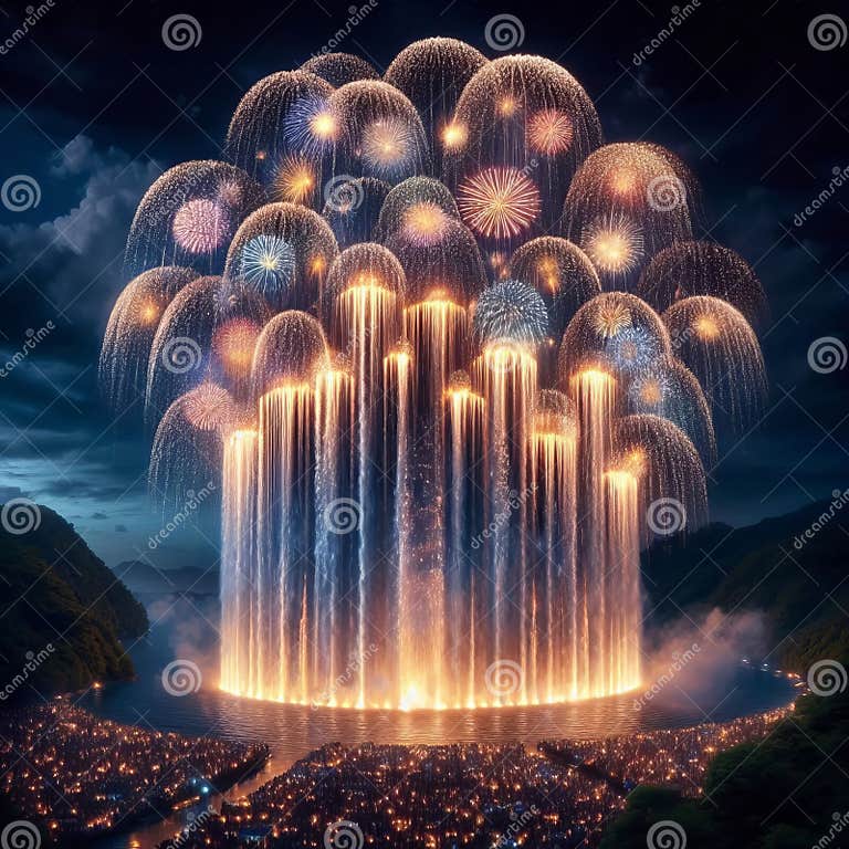 32 36. Waterfall Shells_ Large, Spherical Fireworks Th Stock Image ...