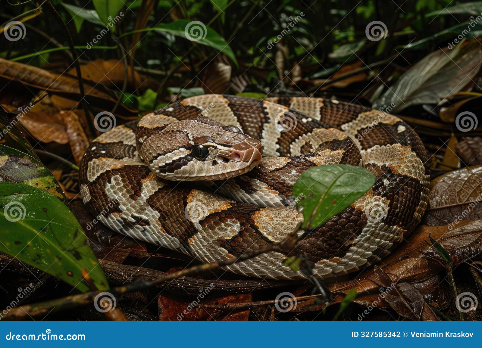 A Rare, Vividly Patterned Gaboon Viper Coiled In The Underbrush Of A ...