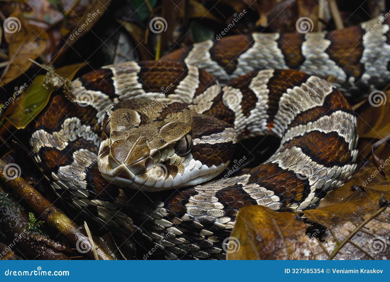 A Rare, Vividly Patterned Gaboon Viper Coiled In The Underbrush Of A ...