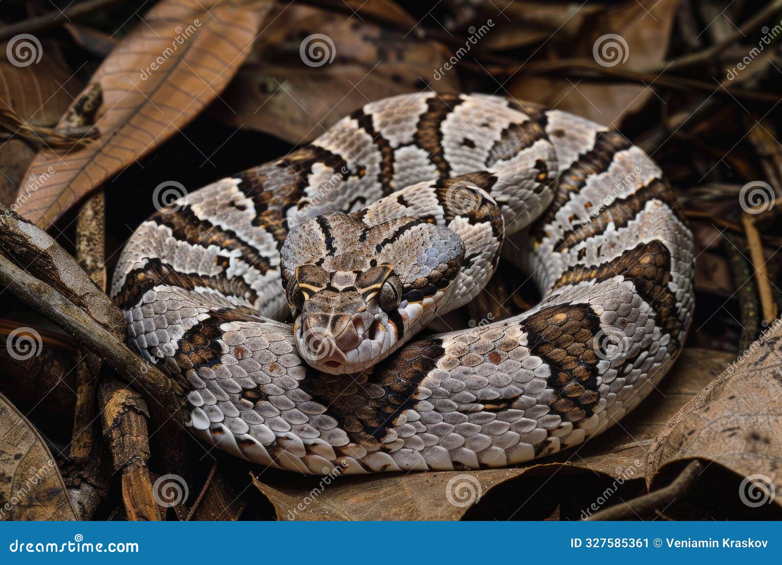 A Rare, Vividly Patterned Gaboon Viper Coiled In The Underbrush Of A ...