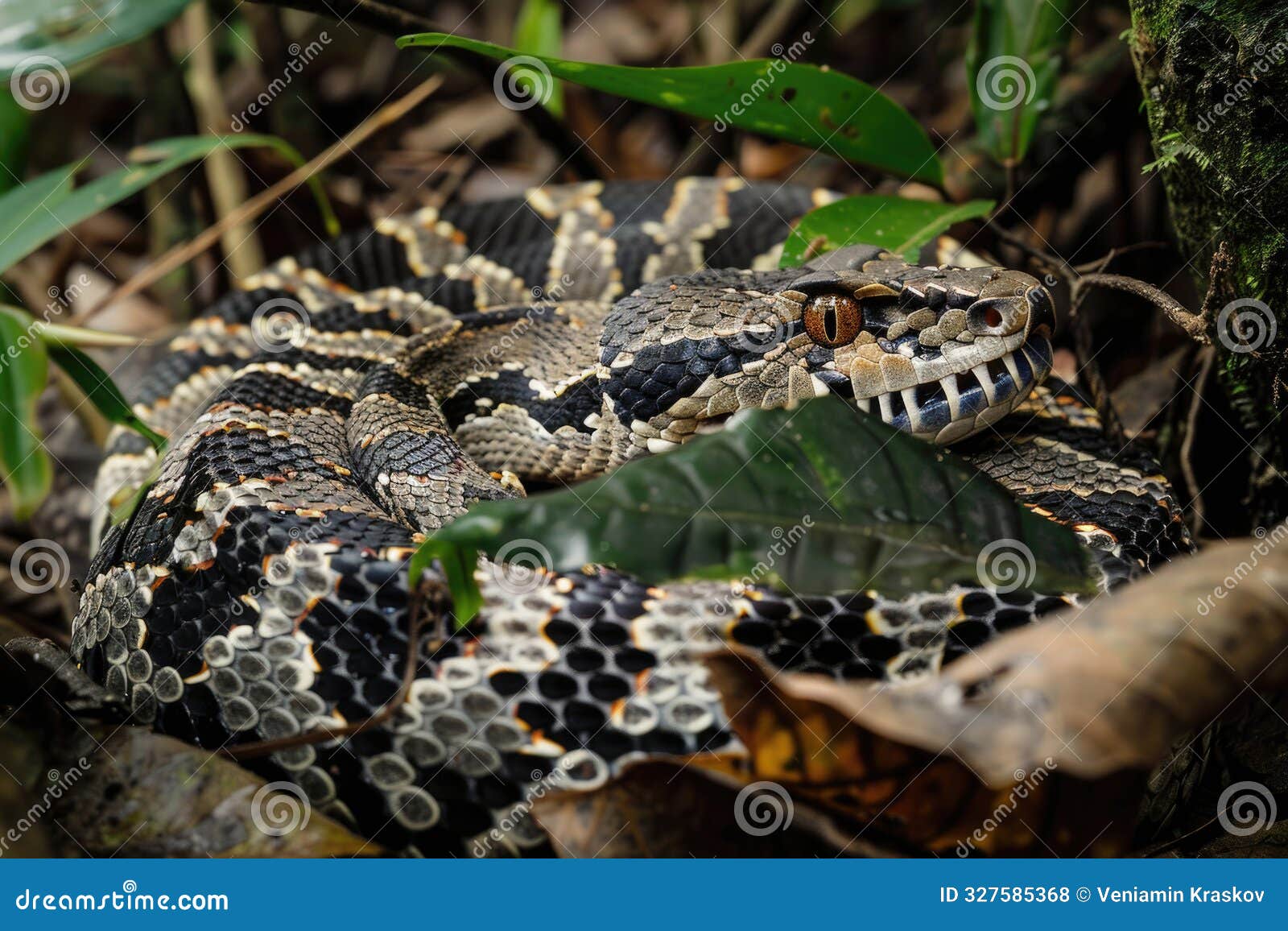 A Rare, Vividly Patterned Gaboon Viper Coiled In The Underbrush Of A ...
