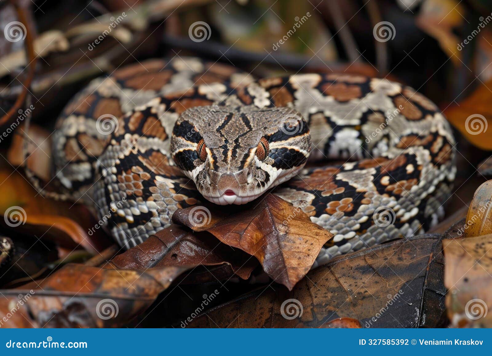 A Rare, Vividly Patterned Gaboon Viper Coiled In The Underbrush Of A ...